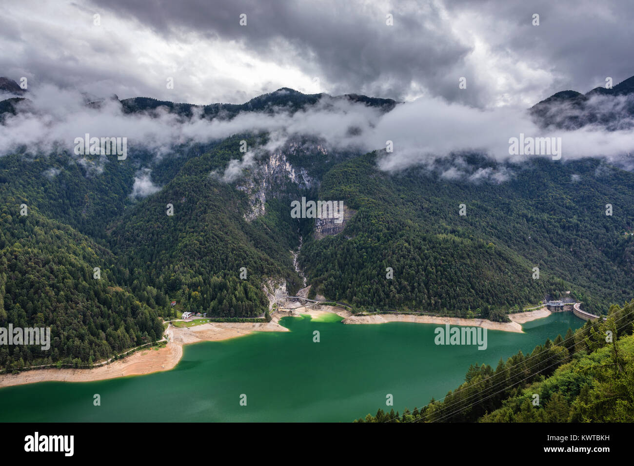 Panoramic view of lake of Centro Cadore in the Alps in Italy, Dolomites ...