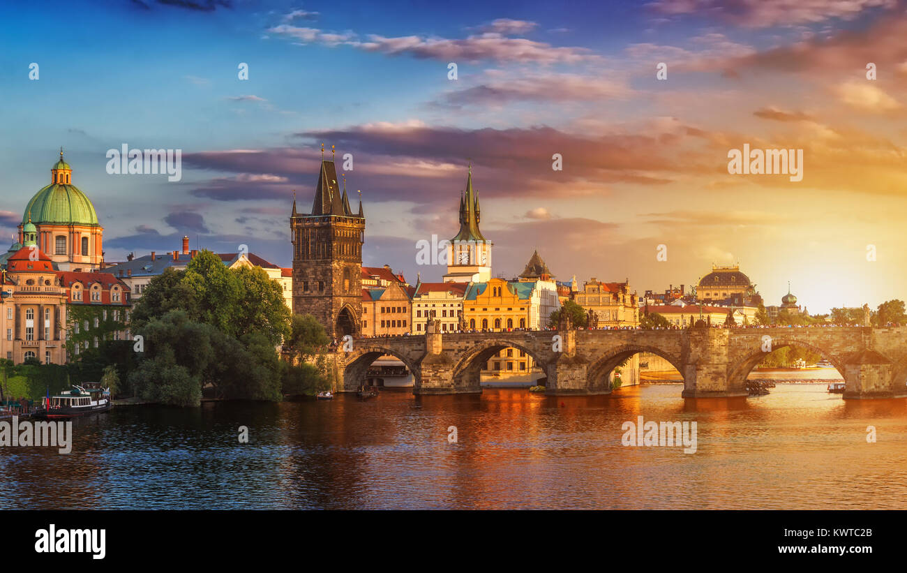Famous iconic image of Charles bridge, Prague, Czech Republic. Concept ...