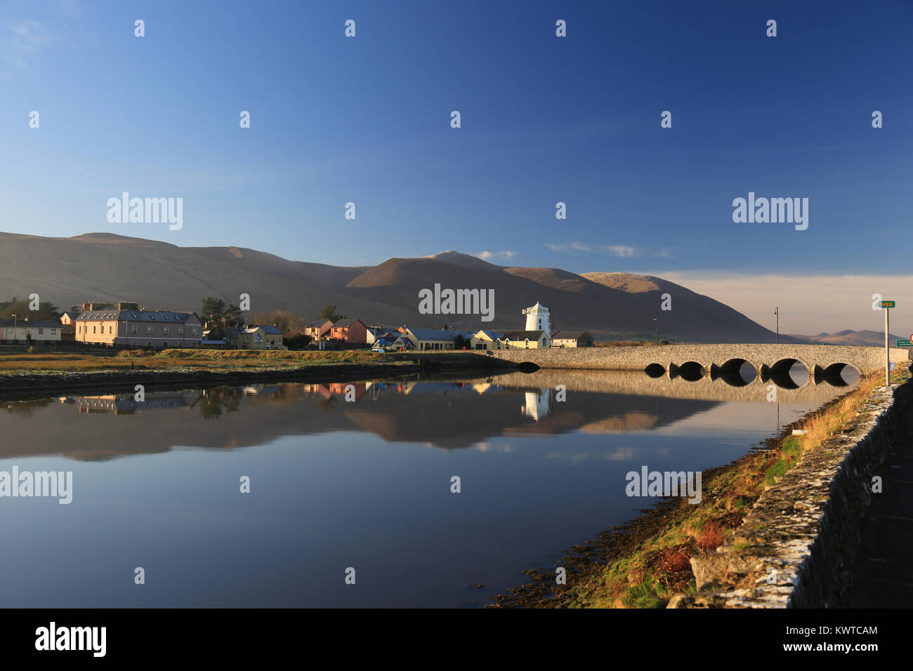 tidal sea inlet with 6 eyed bridge, windmill, mountains, blennerville ...