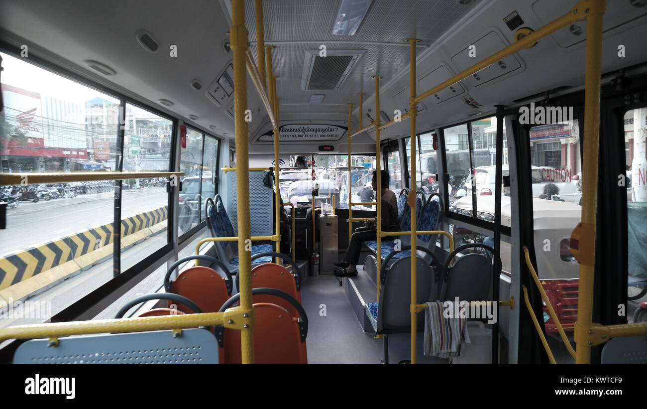 Chinese owned Yutong air conditioned bus runs on the streets of Phnom ...