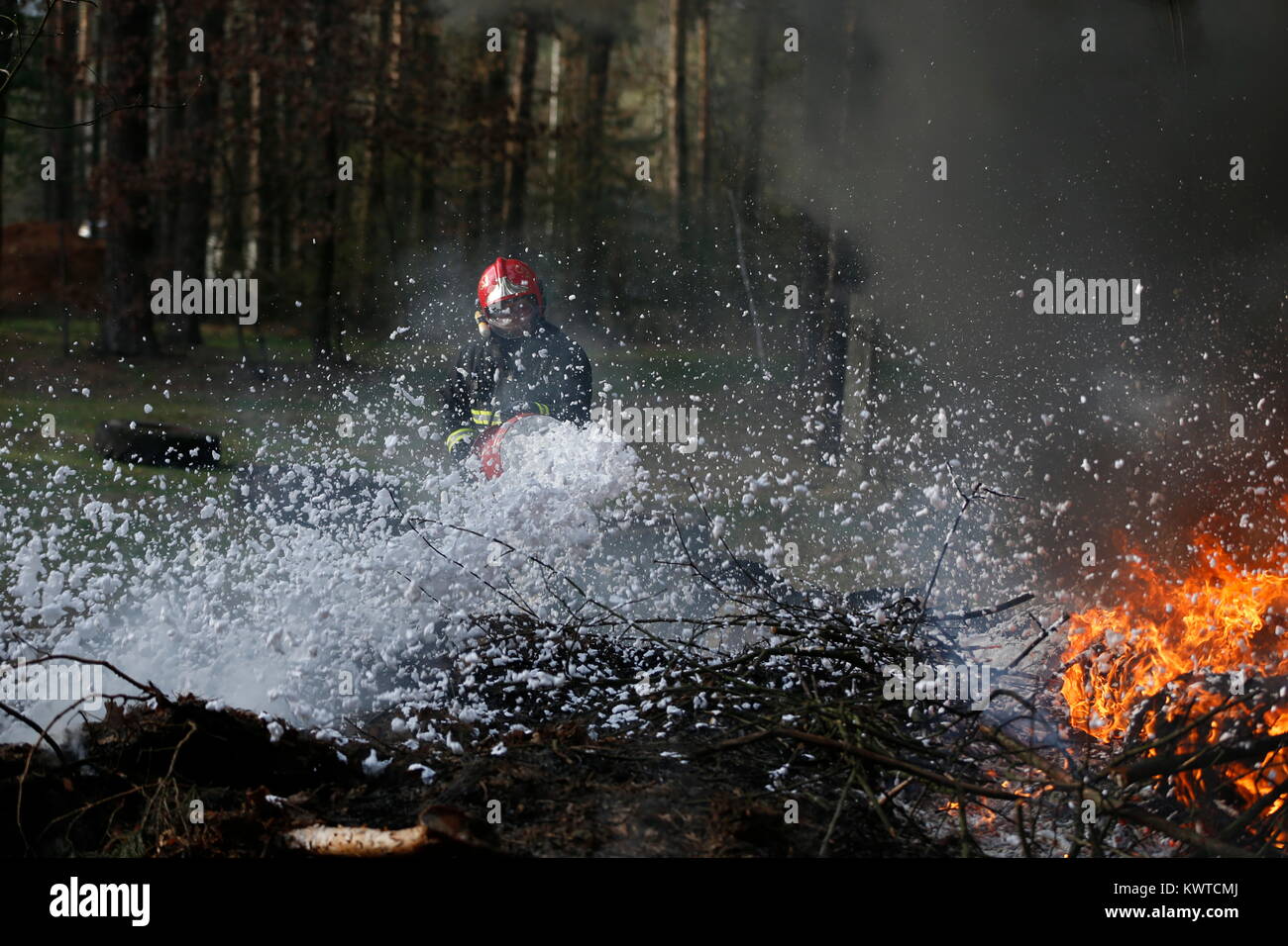 Belarus, Gomel city. Firefighting of the forest 06.04.2017.The fireman ...