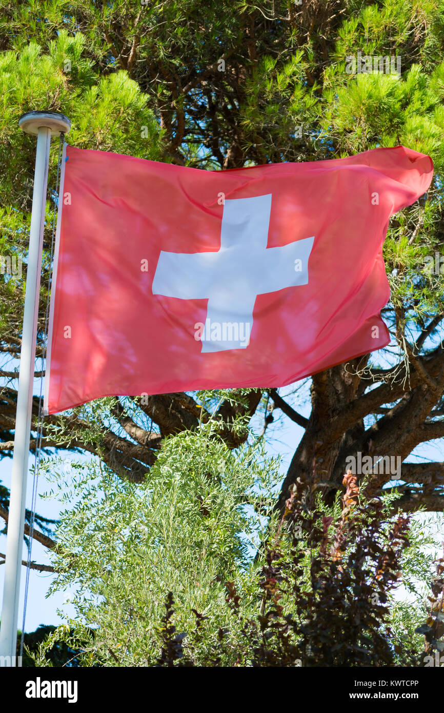 The flag of Switzerland consists of a red flag with a white cross, seen ...