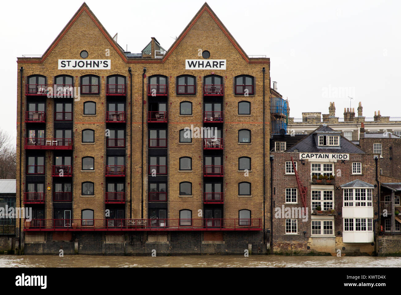 St John's Wharf and the Captain Kidd pub in London, England. The wharf ...
