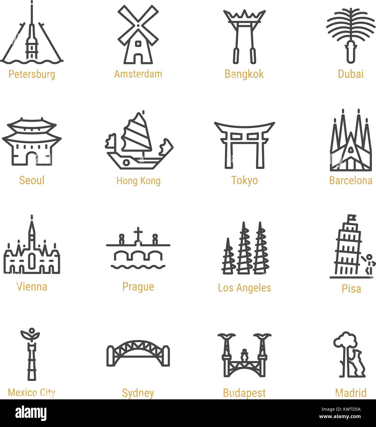 World Landmarks - Vector Line Icon Set - Part II Stock Vector Image ...