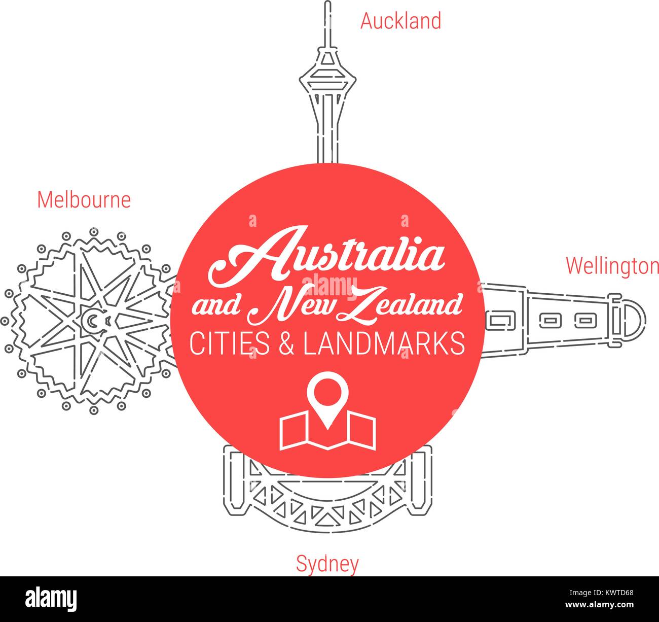 Famous Australian and New Zealand Landmarks. Line Vector Icon Set Stock ...