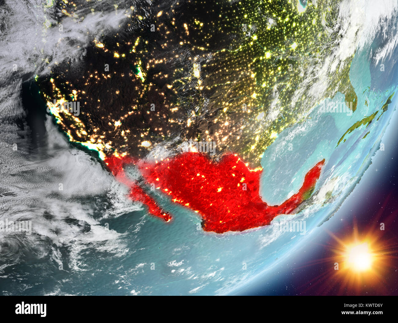 Mexico from orbit of planet Earth in sunrise with highly detailed ...