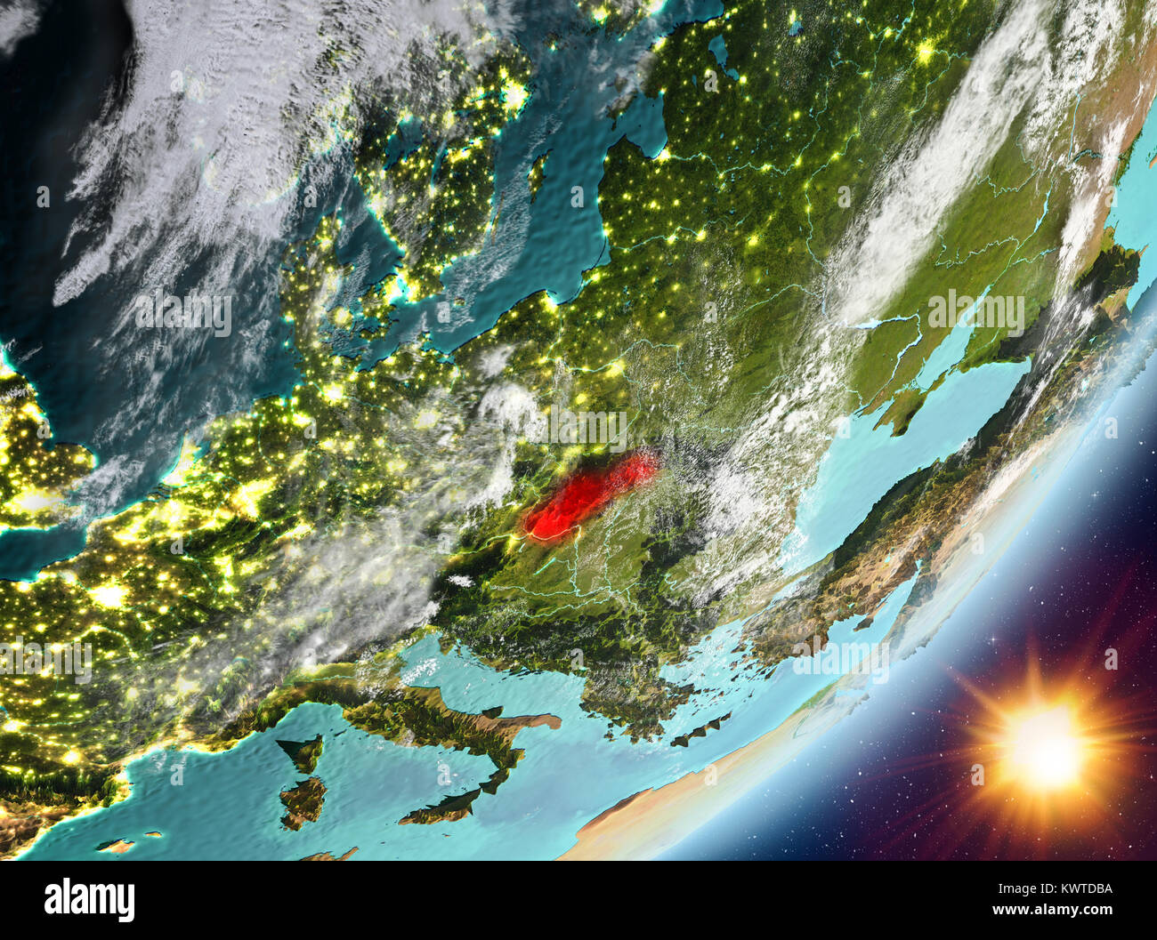 Slovakia from orbit of planet Earth in sunrise with highly detailed ...