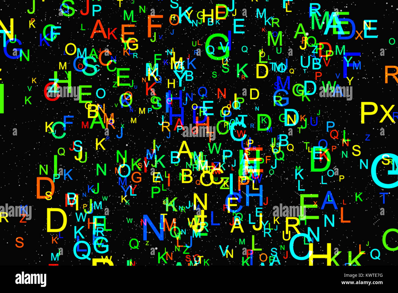Abstract colorful alphabet fly on black background Stock Photo - Alamy