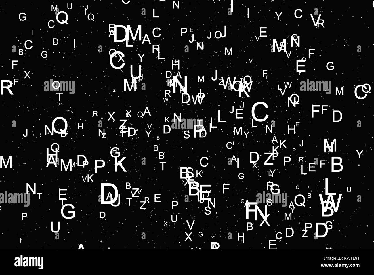 Abstract white alphabet fly on black background Stock Photo - Alamy