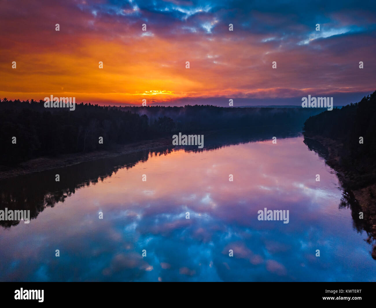 Aerial sunrise or sunset with fog and river Stock Photo - Alamy