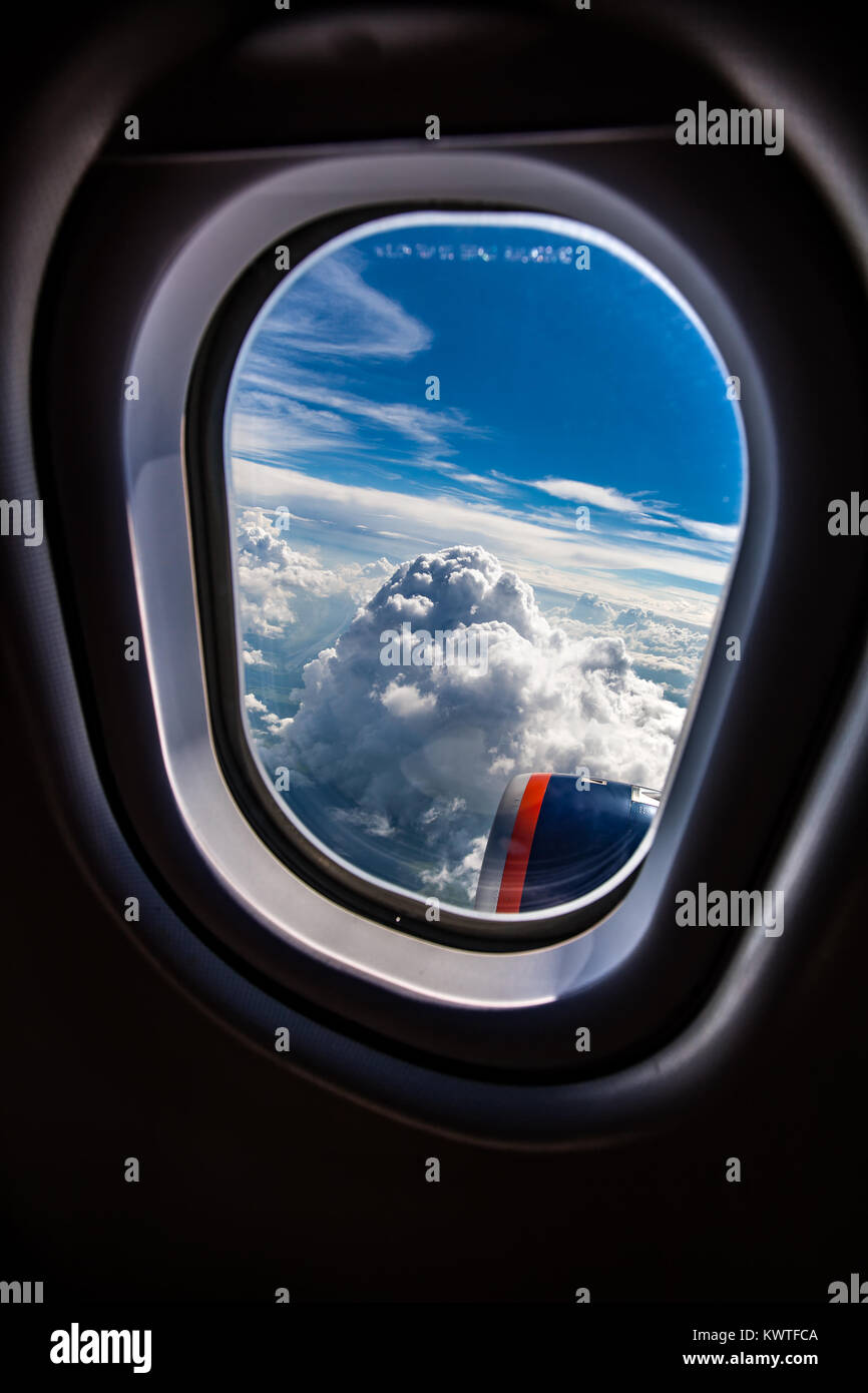 Classic image through aircraft window onto jet engine Stock Photo - Alamy