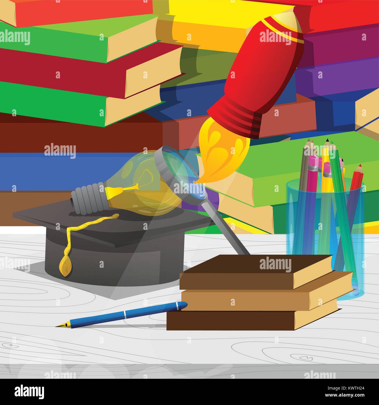 Pen, pencil, graduation cap, light bulb and books, rocket flying upward, stack of books on the ...