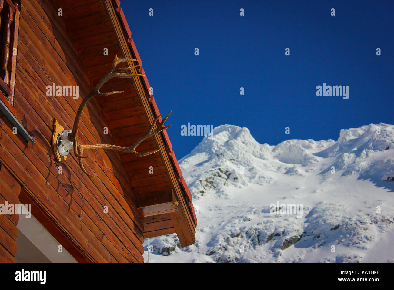 Alpine winter landscape with deer horns hunting trophy on a cabin at ...