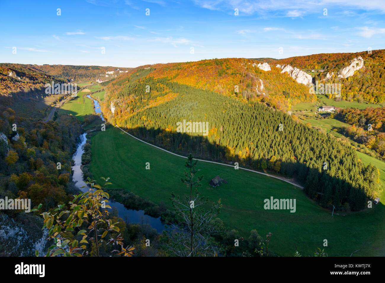 Beuron: view from rock Knopfmacherfelsen to Donau-Durchbruch (river ...