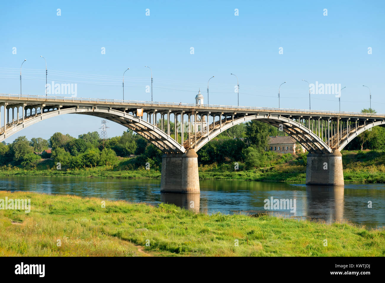 The view at the bridge across the Volga river in the town of Staritsa ...
