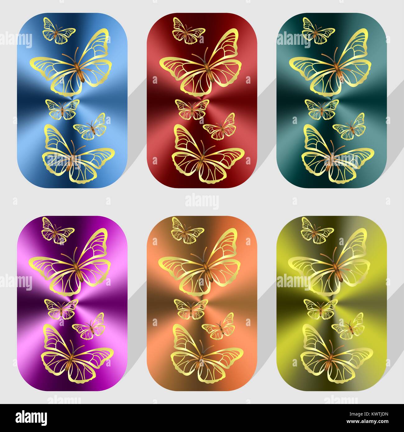 Multi-colored labels with yellow butterflies of different sizes Stock ...
