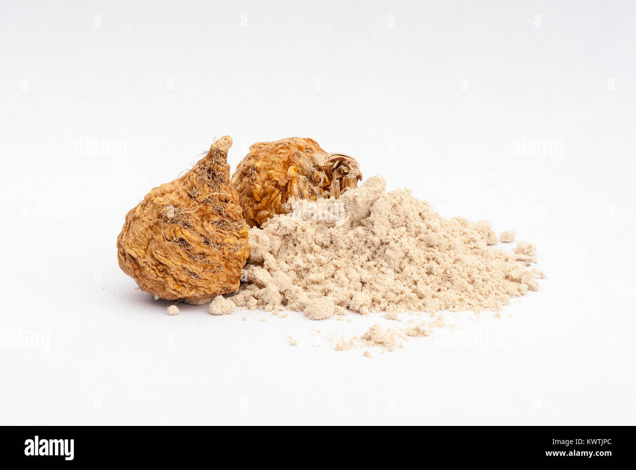 Peruvian ginseng or maca (Lepidium meyenii), dried root and powder on ...