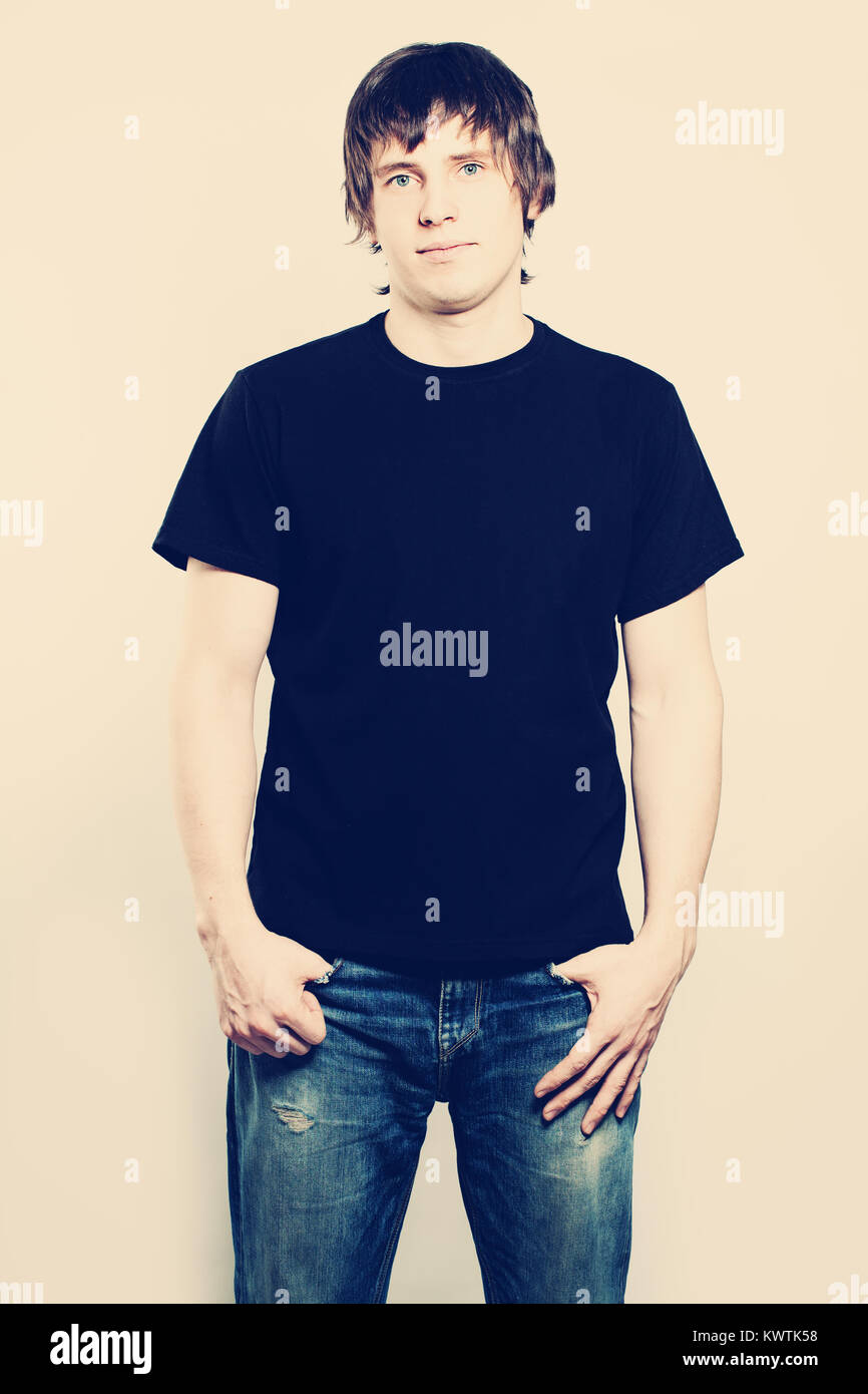 Casual Man Wearing Black T-Shirt Stock Photo - Alamy