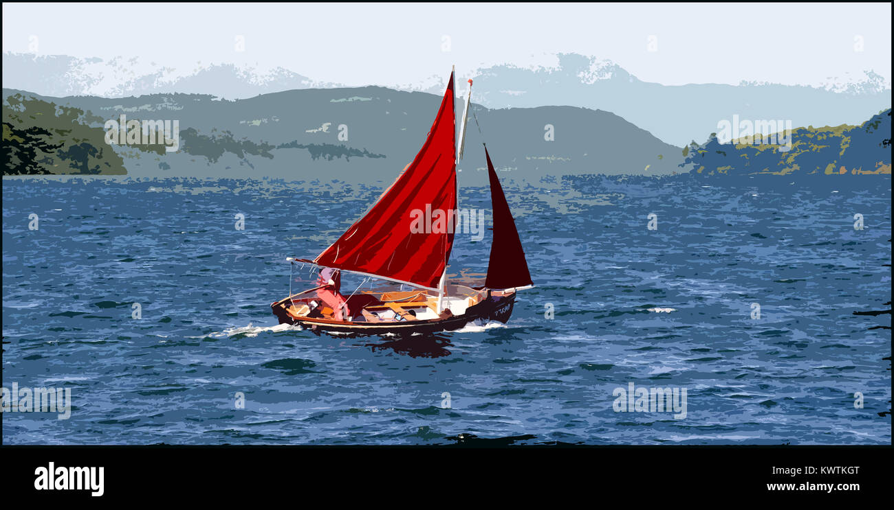 A RED SAILED YACHT ON LAKE WINDERMERE IN THE LAKE DISTRICT Posterized ...