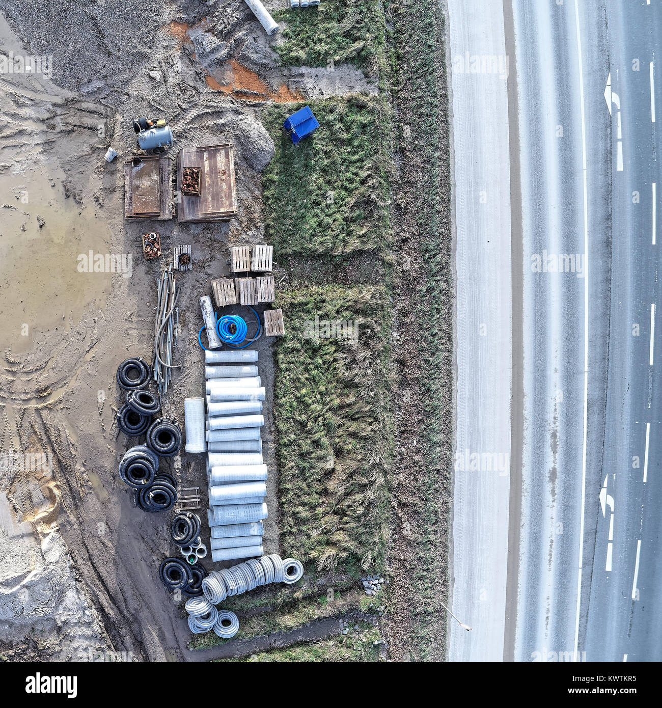 Aerial photograph of the material store for canal construction work on ...