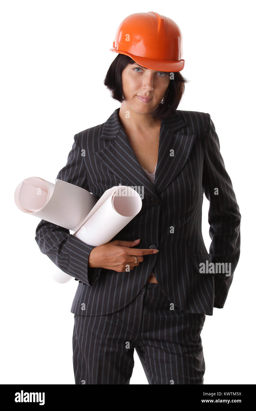 female architect holding blueprints isolated on white background Stock ...