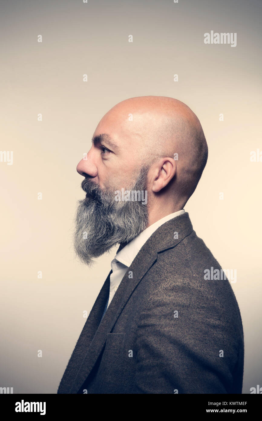 Middle-aged man with beard, studio portrait, comic profile Stock Photo ...