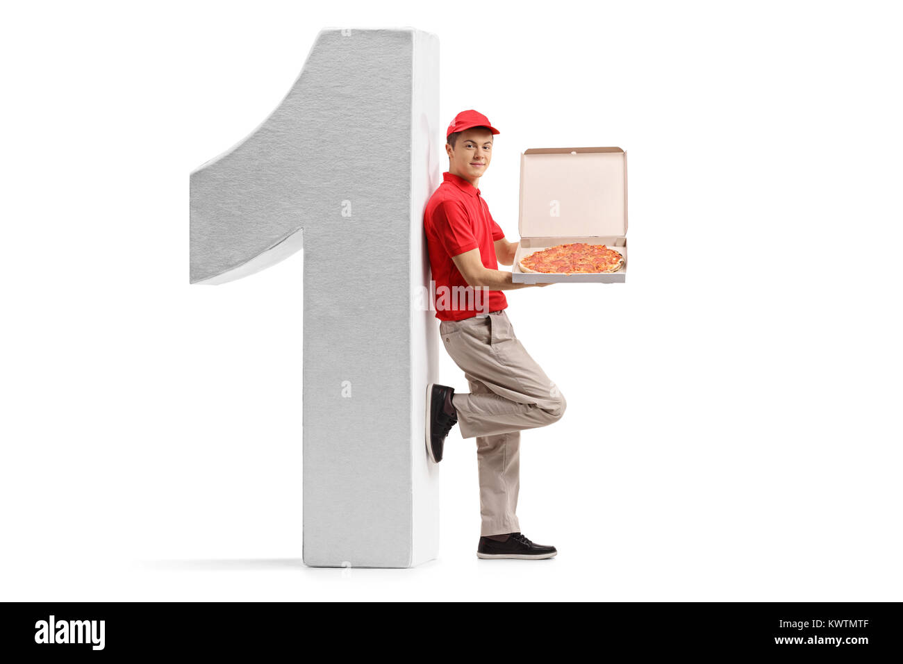 Full length portrait of a teen pizza delivery boy leaning against a ...