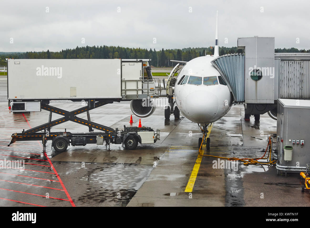 Airport runaway with airplane an finger. Travel background. Horizontal ...