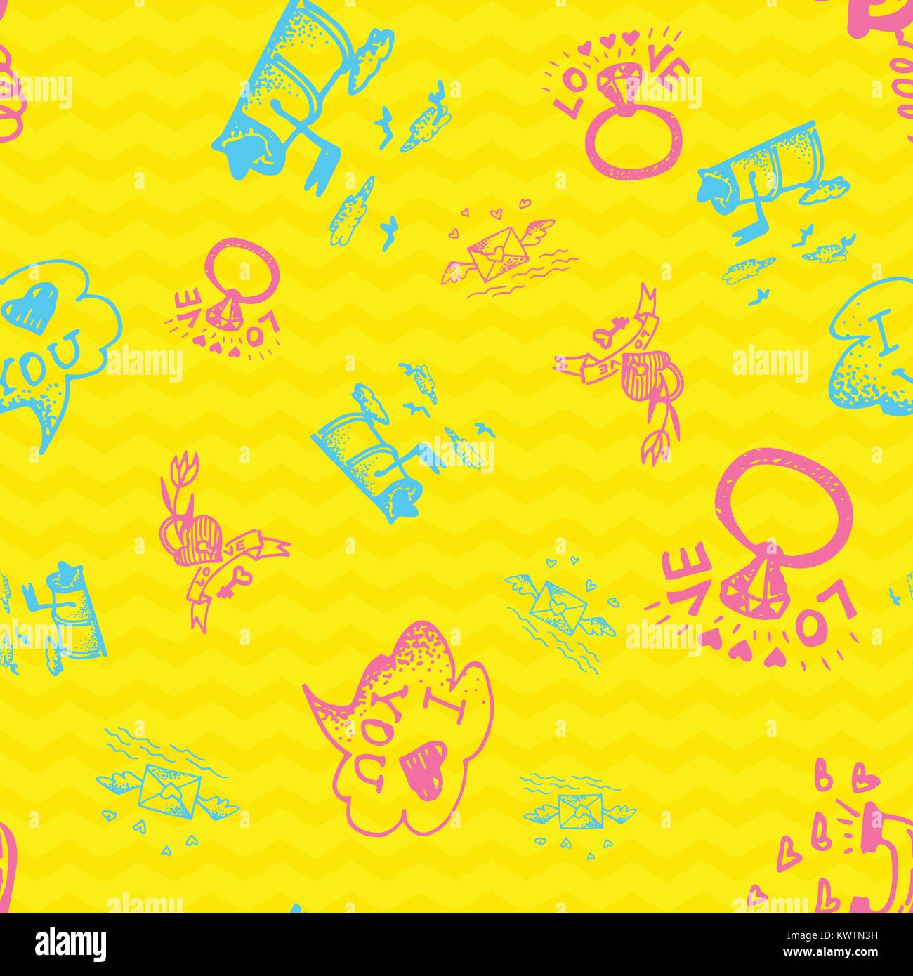 Retro hand-drawn sketches color seamless background with love symbols ...