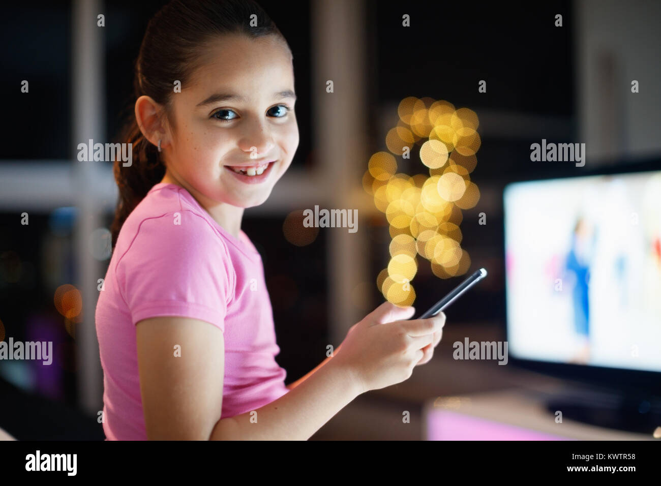 Portrait Young Girl Staying Awake Late At Night Smiling Stock Photo - Alamy
