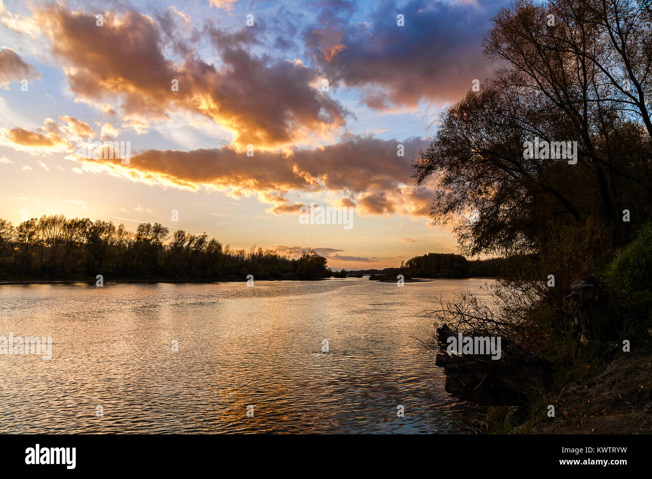 Sunset over Danube river near Bratislava, Slovakia. Clouds, water ...