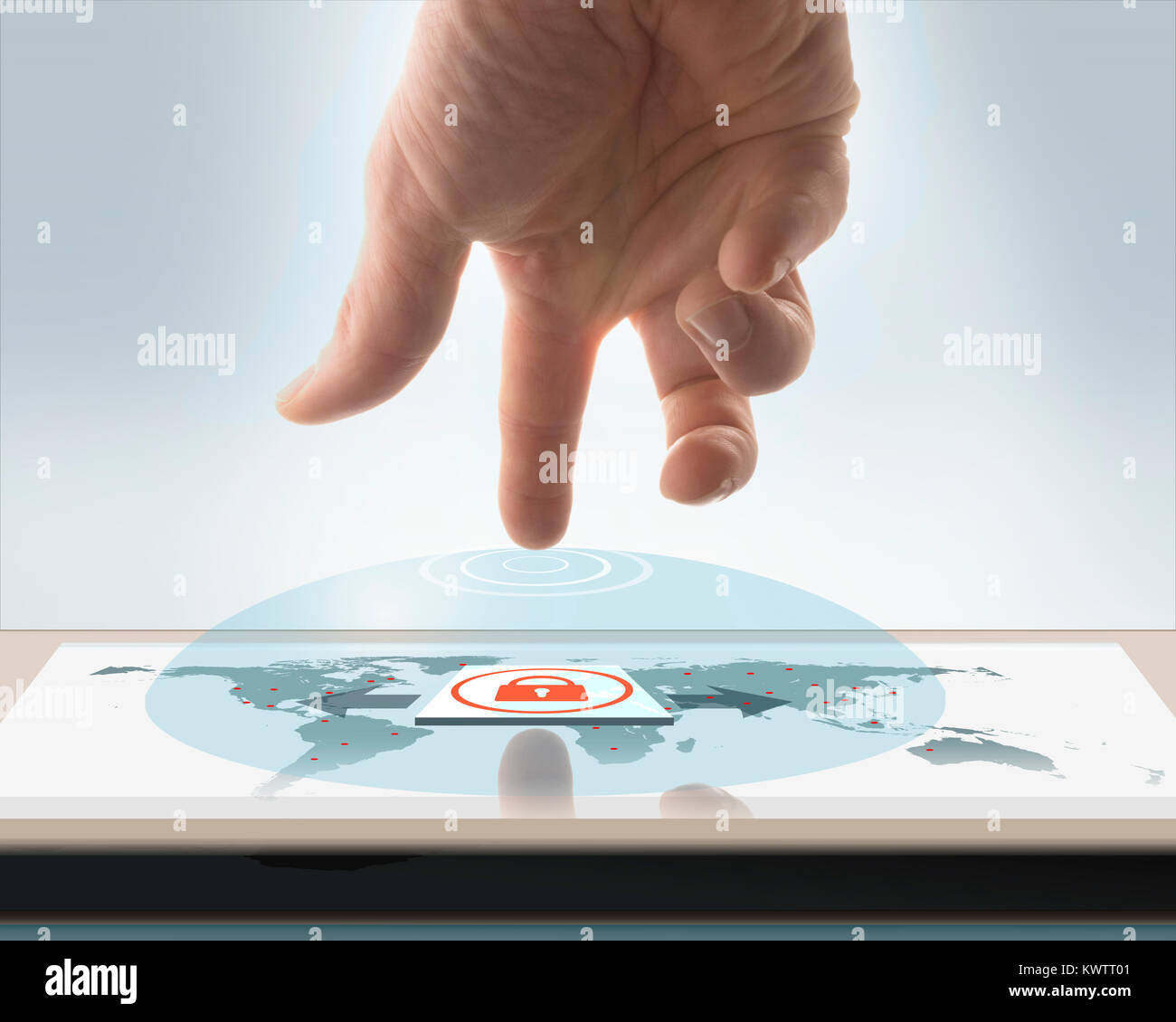 Hand is touching a Screen with Security Icon and a global map Stock ...