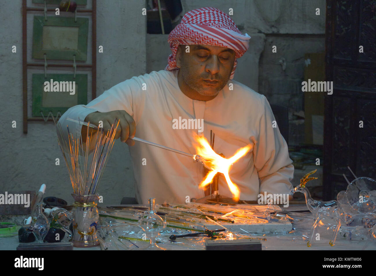 Demonstration of handcrafts at the UAE Heritage Village, Abu Dhabi AE ...