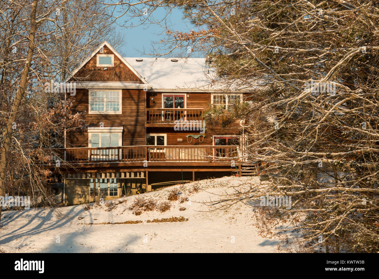 Snow-covered cabin in the woods Stock Photo - Alamy