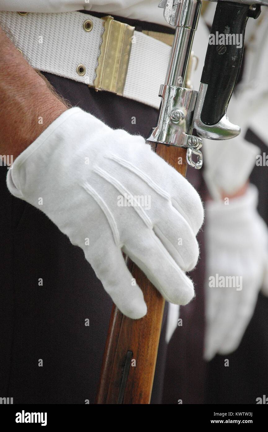White glove covered right hand holds onto a rifle while standing in ...