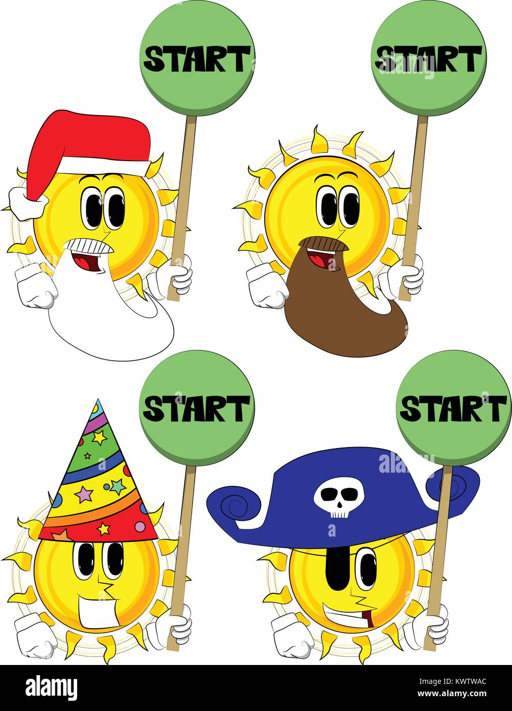 Cartoon sun holding start sign. Collection with costume. Expressions ...