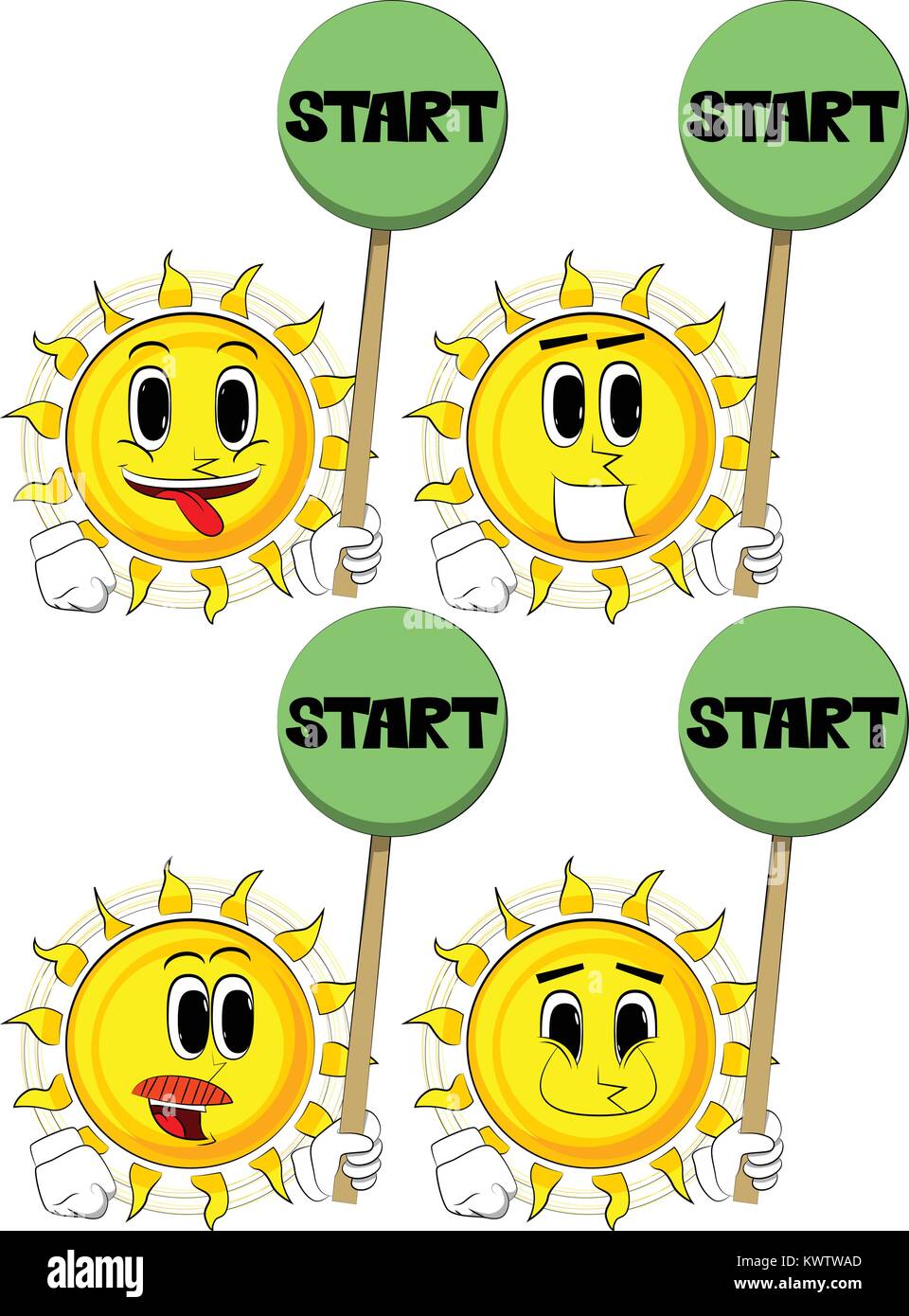 Cartoon sun holding start sign. Collection with happy faces ...