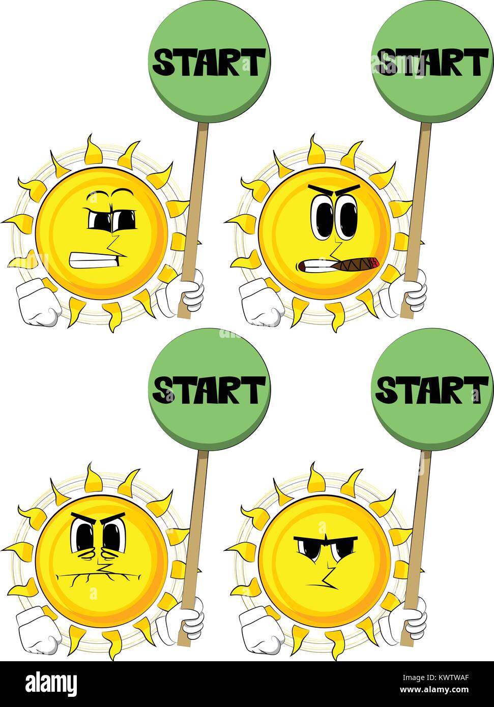 Cartoon sun holding start sign. Collection with angry faces ...