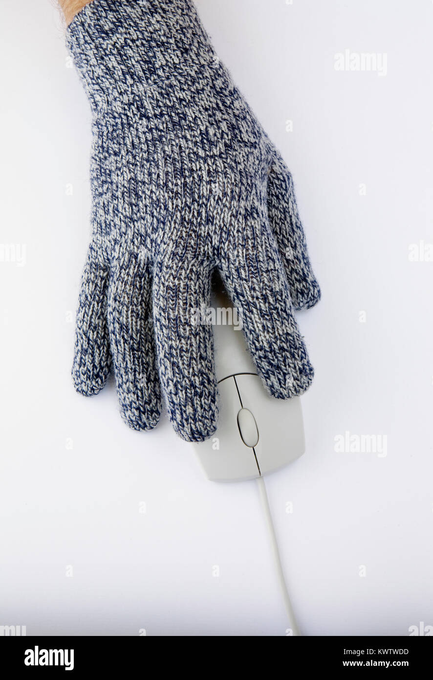 Older man's hand in glove using computer mouse pointing device Stock ...