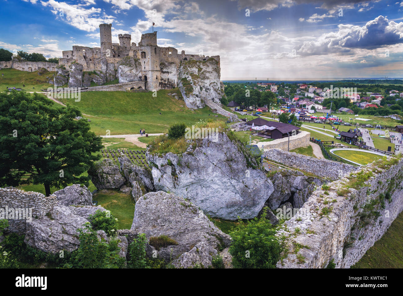Aerial view of Ogrodzieniec Castle ruins in Podzamcze village, part of ...