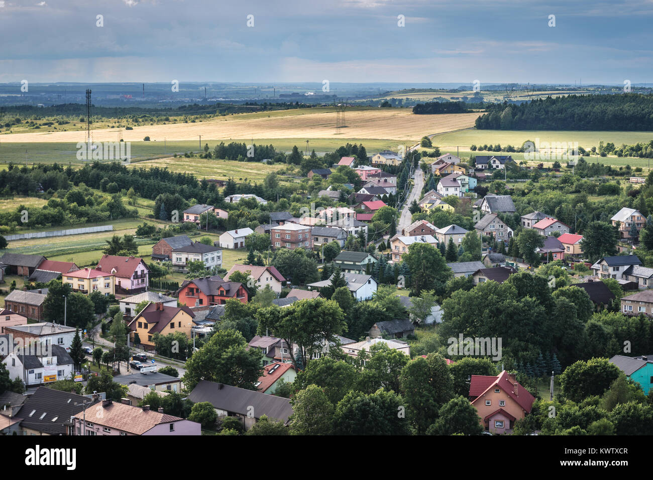 Aerial view of Podzamcze village from Ogrodzieniec castle in Polish ...