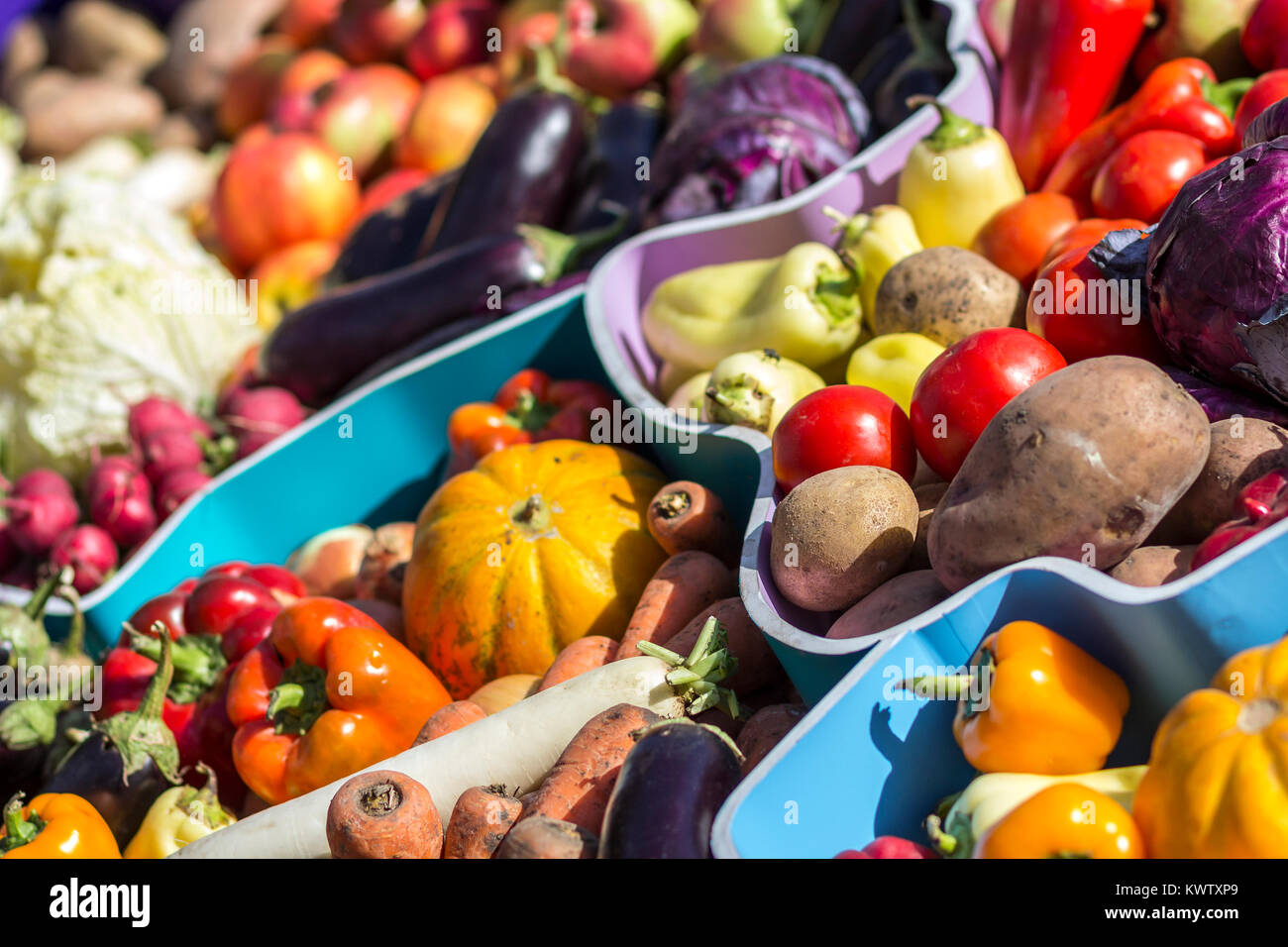 Farmers fruit market with various colorful fresh fruits and vegetables ...
