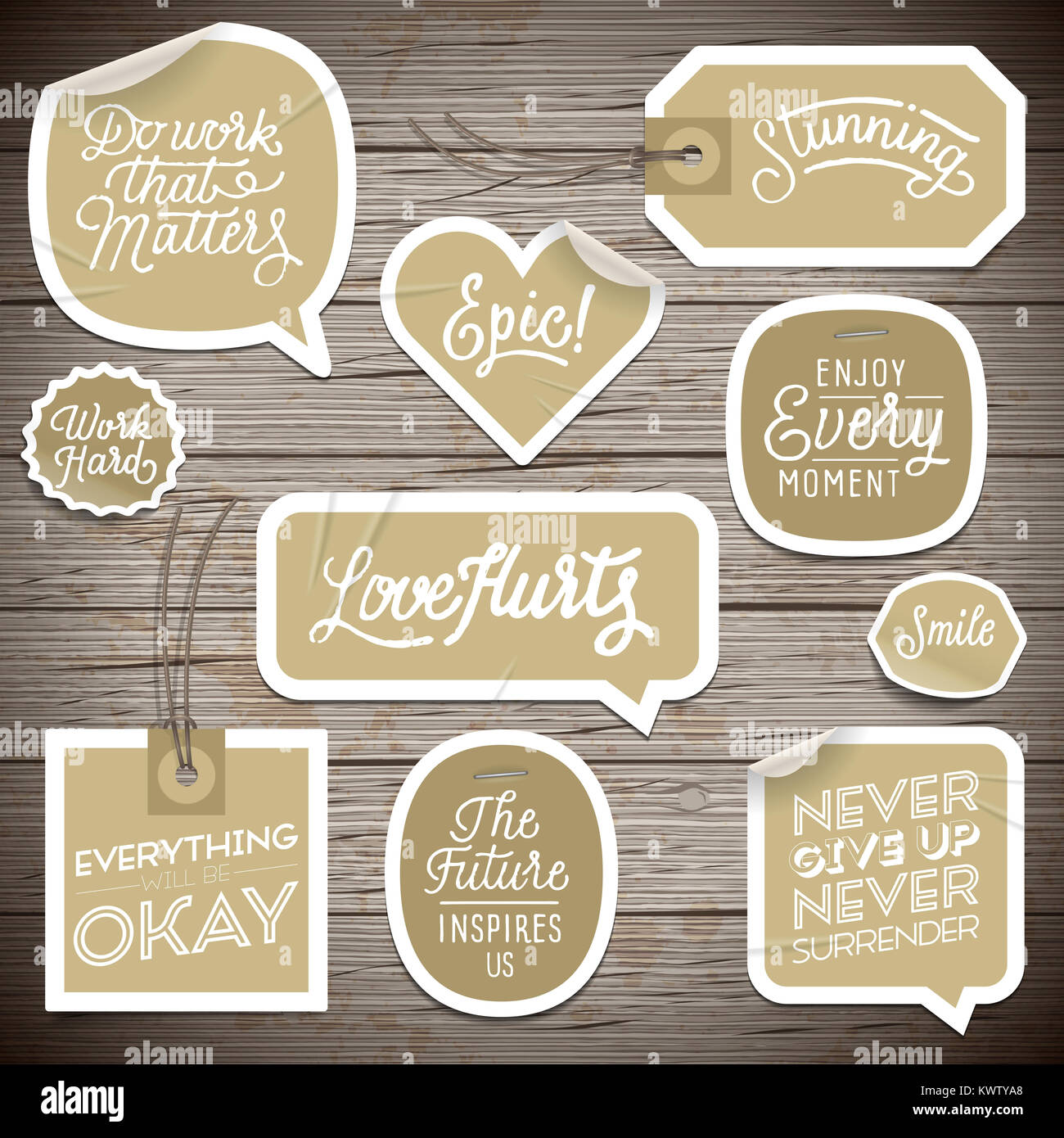 Stickers on rustic wood background Stock Photo - Alamy