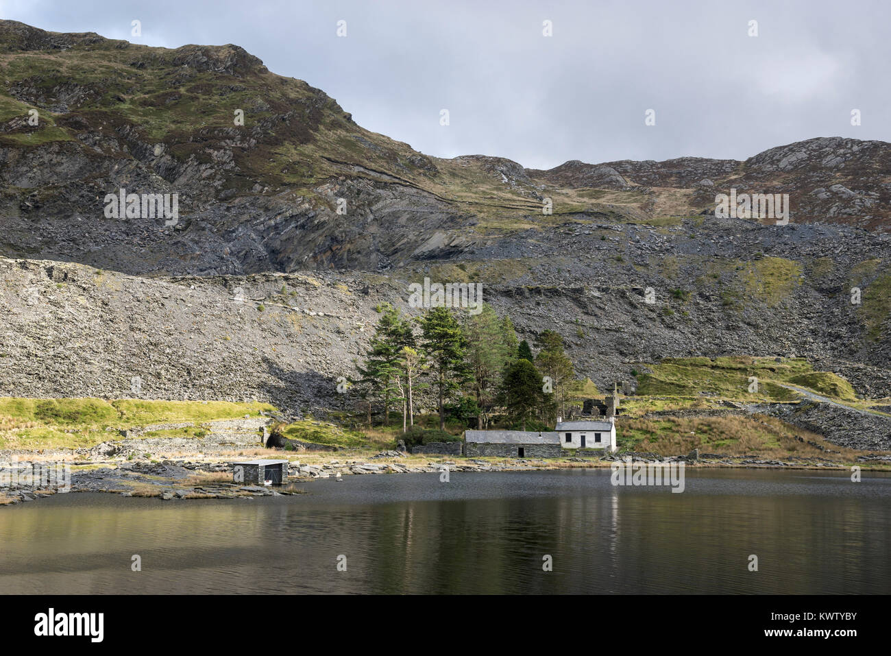 Old quarry buildings beside Llyn Cwmorthin near Blaenau Ffestiniog ...