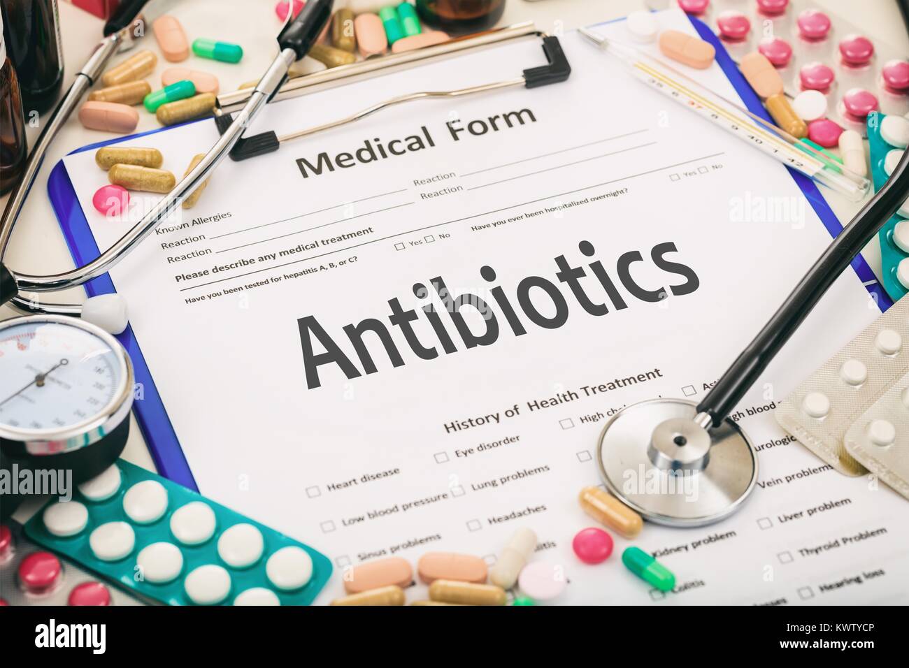 Word antibiotics written on a medical form Stock Photo - Alamy