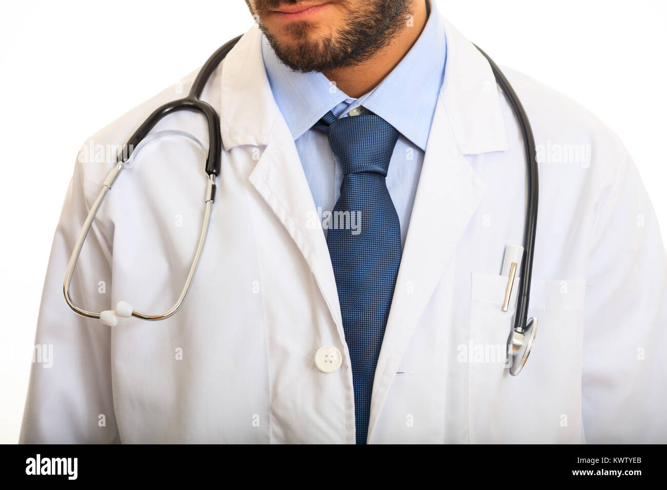 Doctor with a stethoscope standing on white background Stock Photo - Alamy