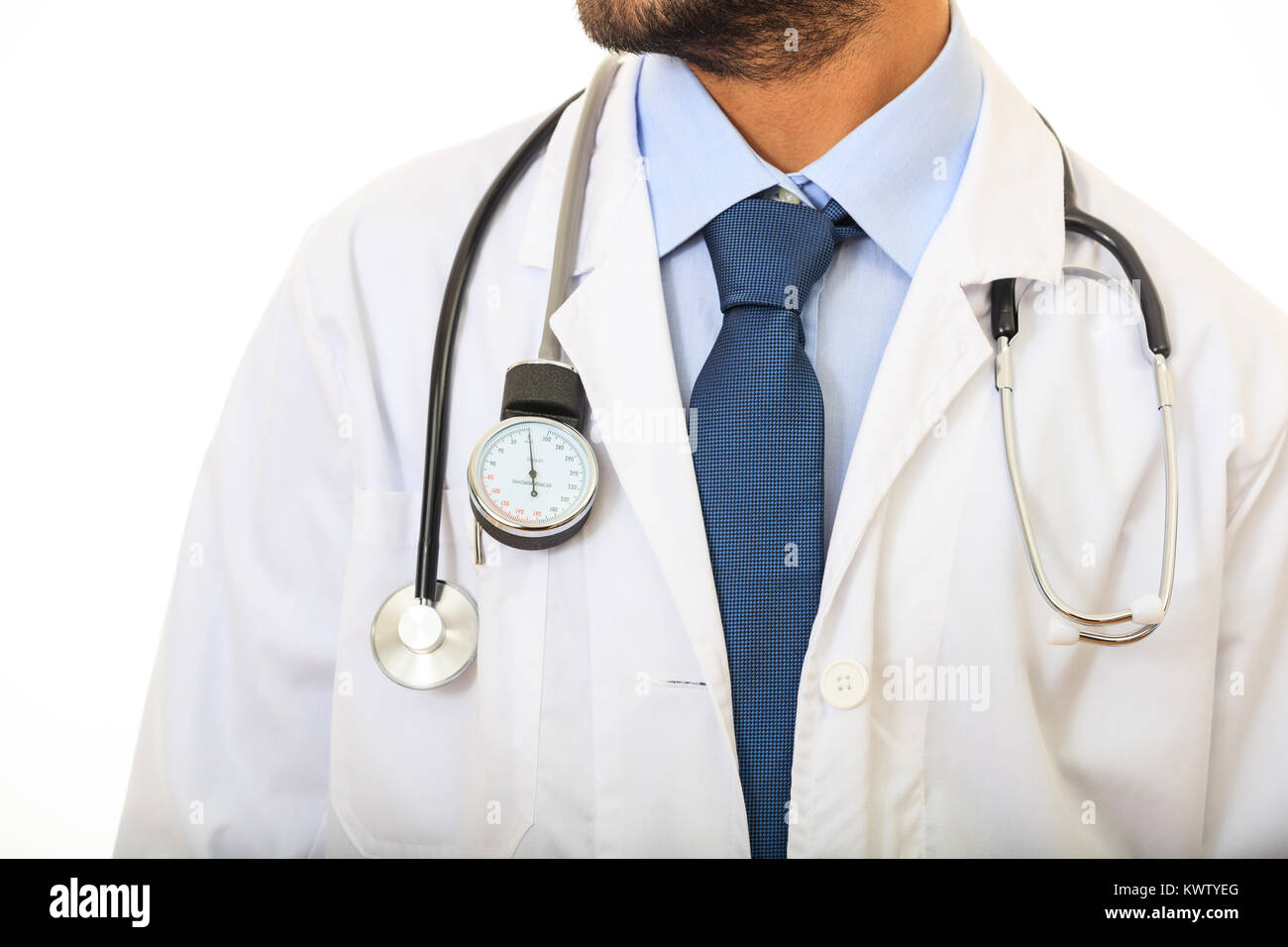 Doctor with a stethoscope standing on white background Stock Photo - Alamy