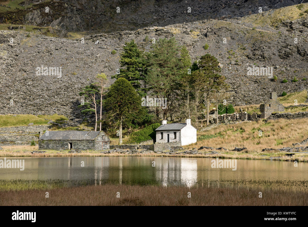 Old quarry buildings beside Llyn Cwmorthin near Blaenau Ffestiniog ...