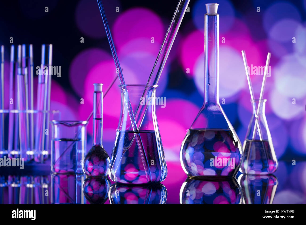 Science experiment concept with bokeh background, laboratory beakers ...