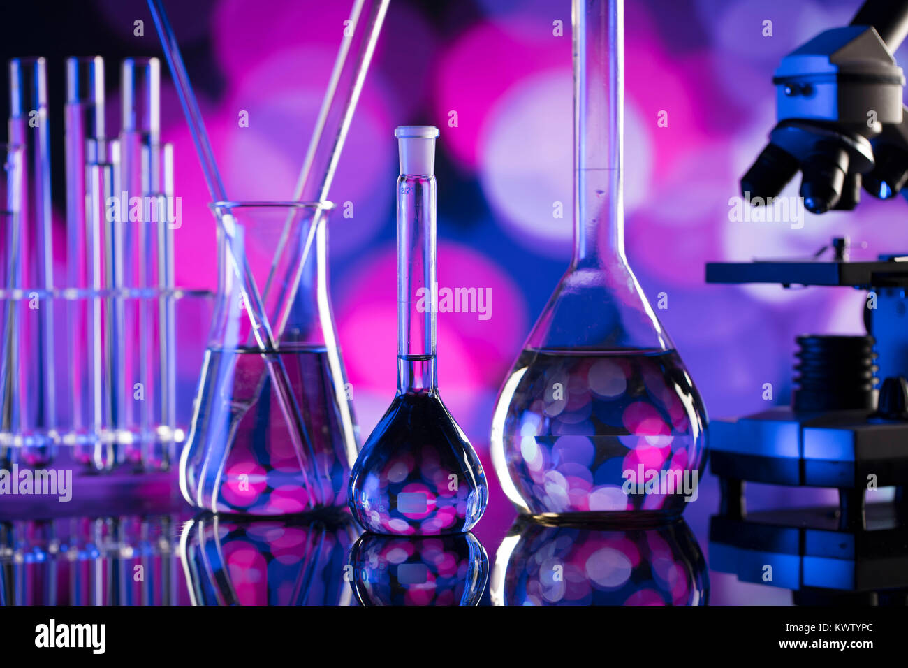 Science experiment concept with bokeh background, laboratory beakers ...